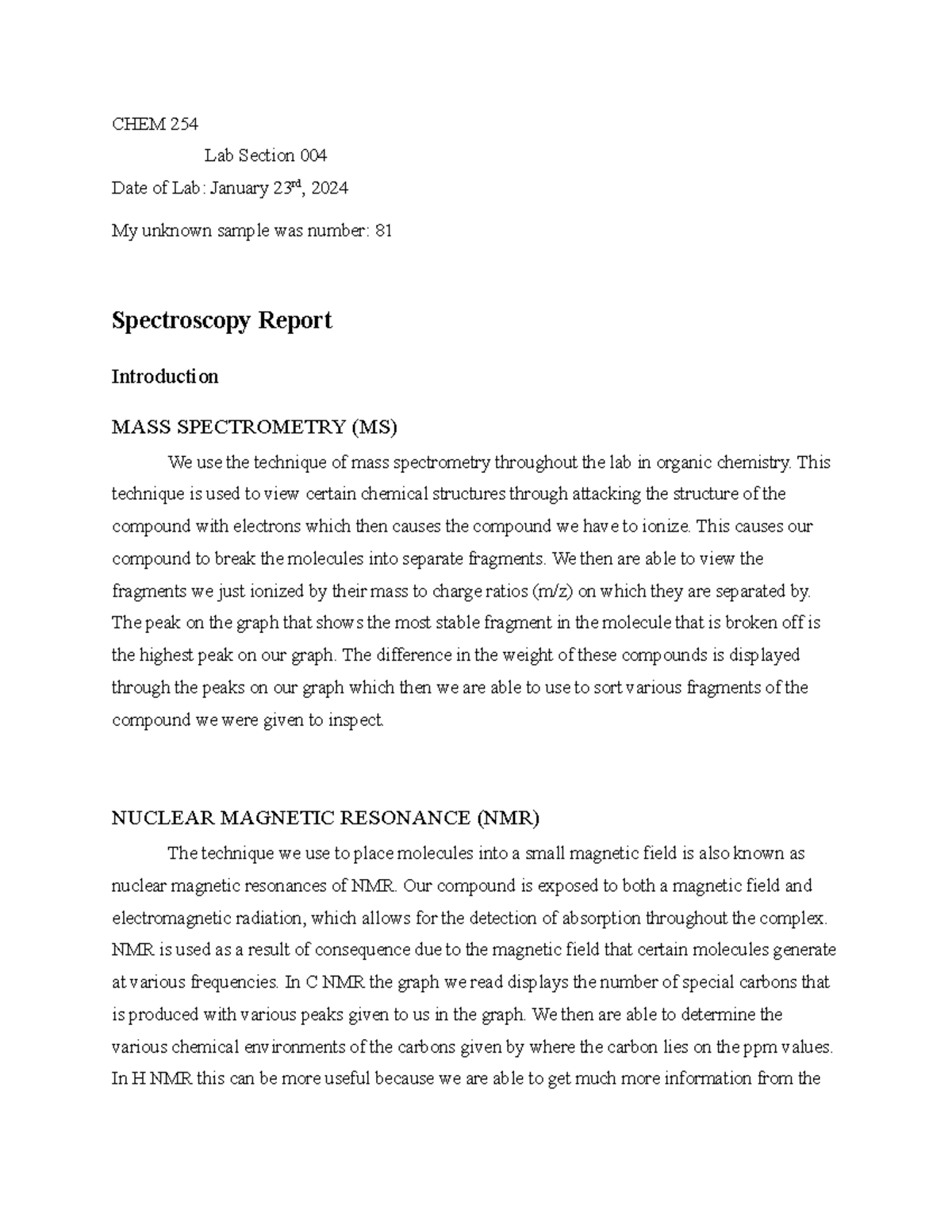 CHEM 254 Lab 004: Spectroscopy Report on Unknown Sample 81 - Studocu