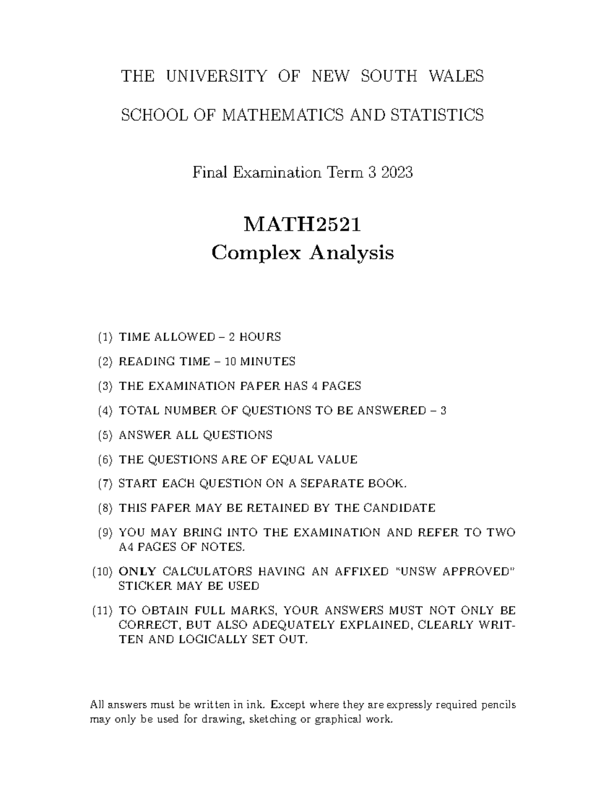 MATH2521 Final Exam Term 3 2023 - Complex Analysis - Studocu