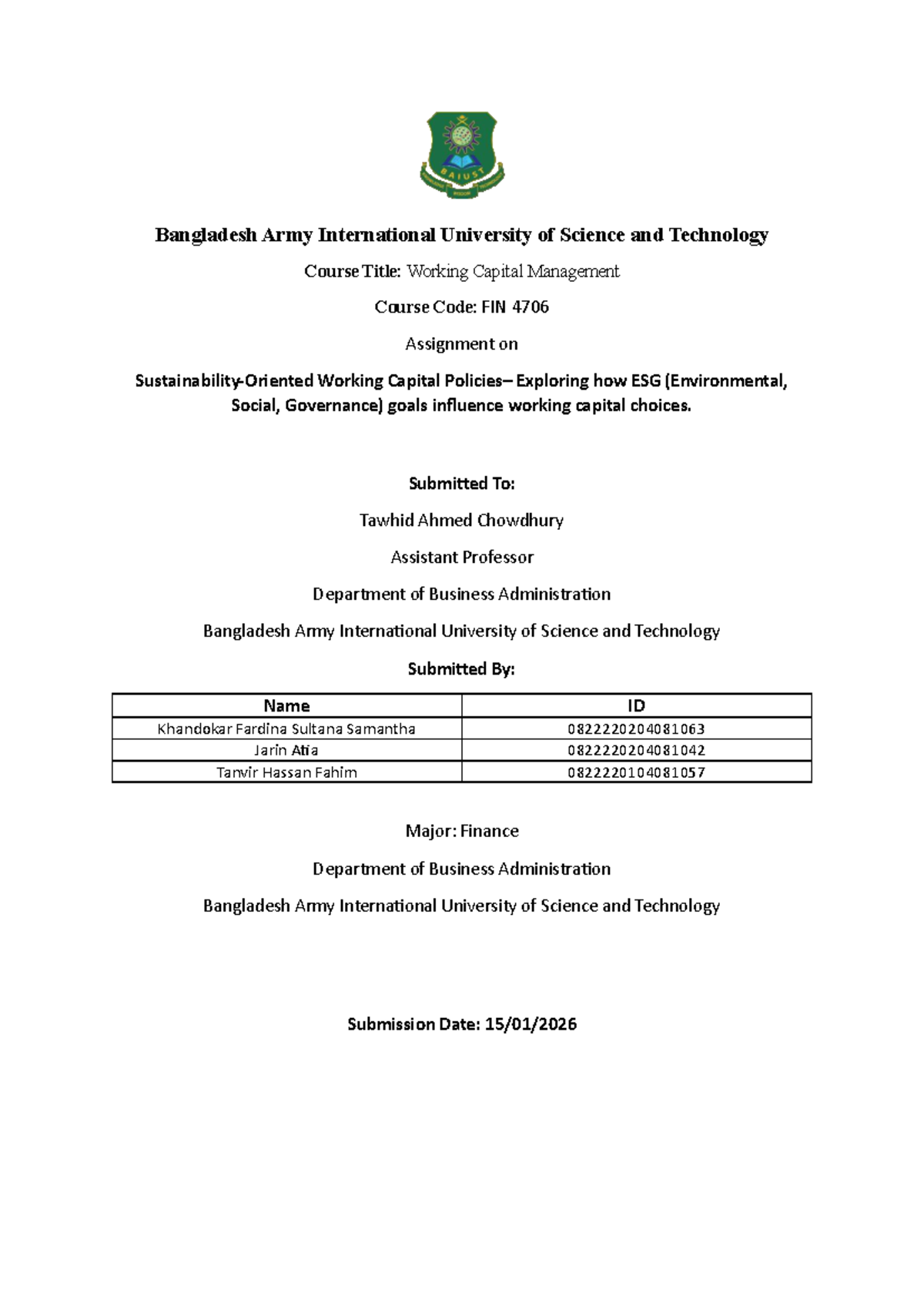 "FIN 4706 Assignment: ESG Influence on Working Capital Management ...