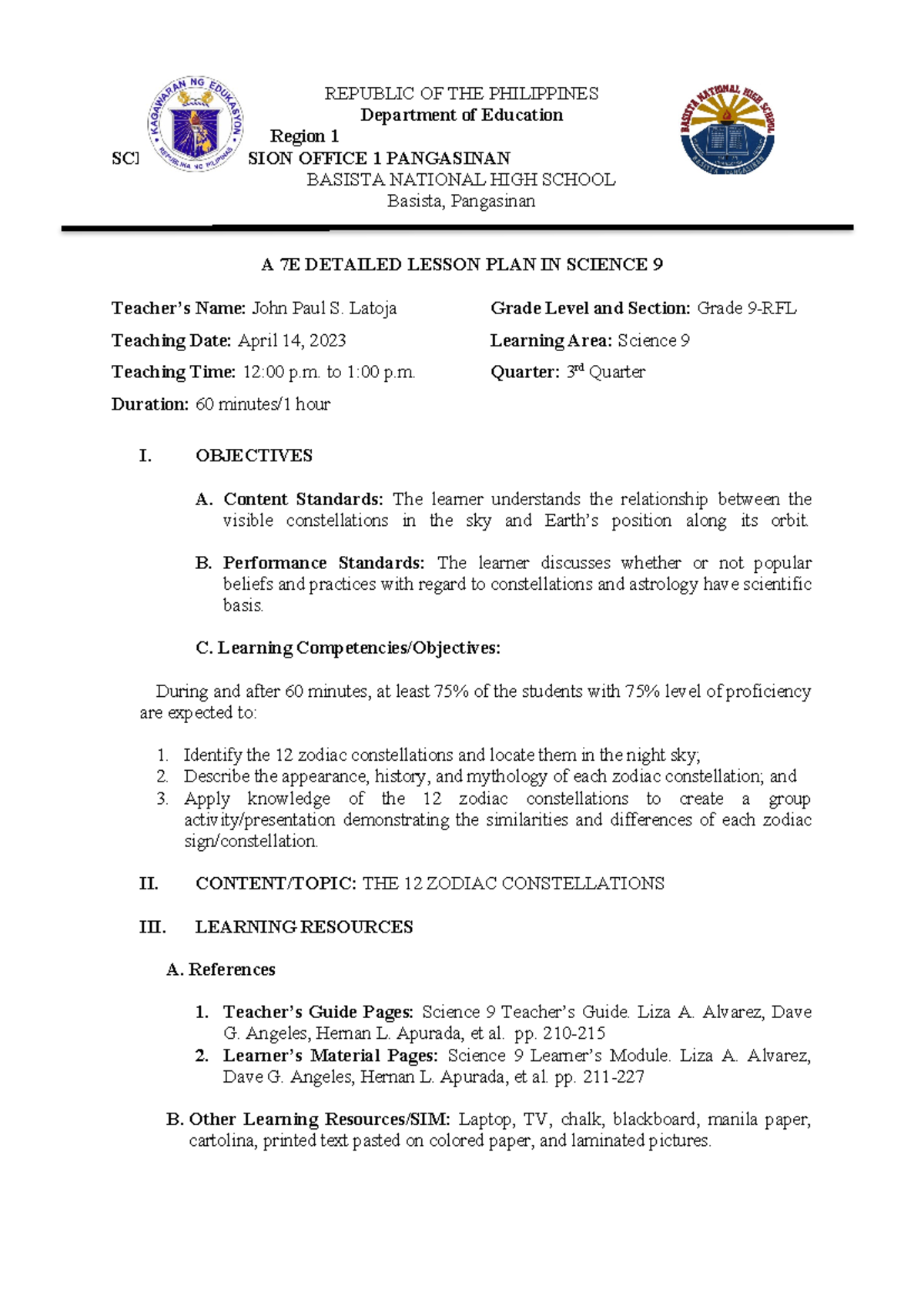 7E- Detailed Lesson PLAN About THE 12 Zodiac Constellations - REPUBLIC ...