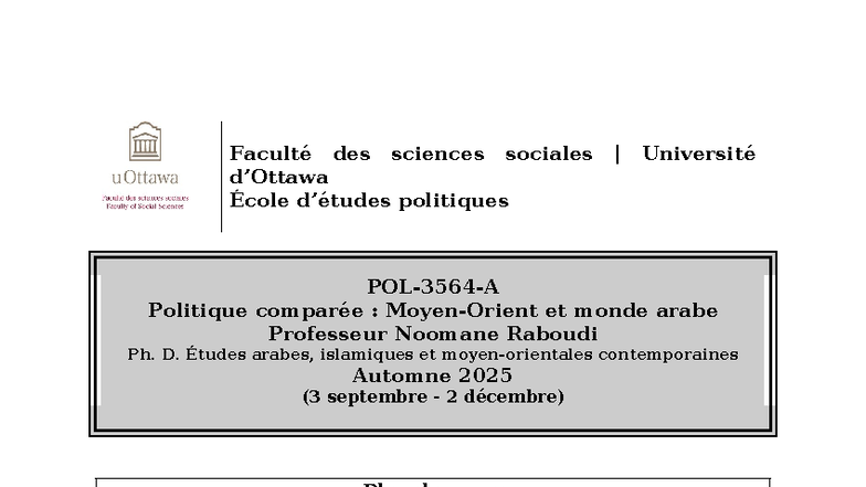 POL4591A - Politique Comparée et Monde Arabe - Plan de Cours Automne ...