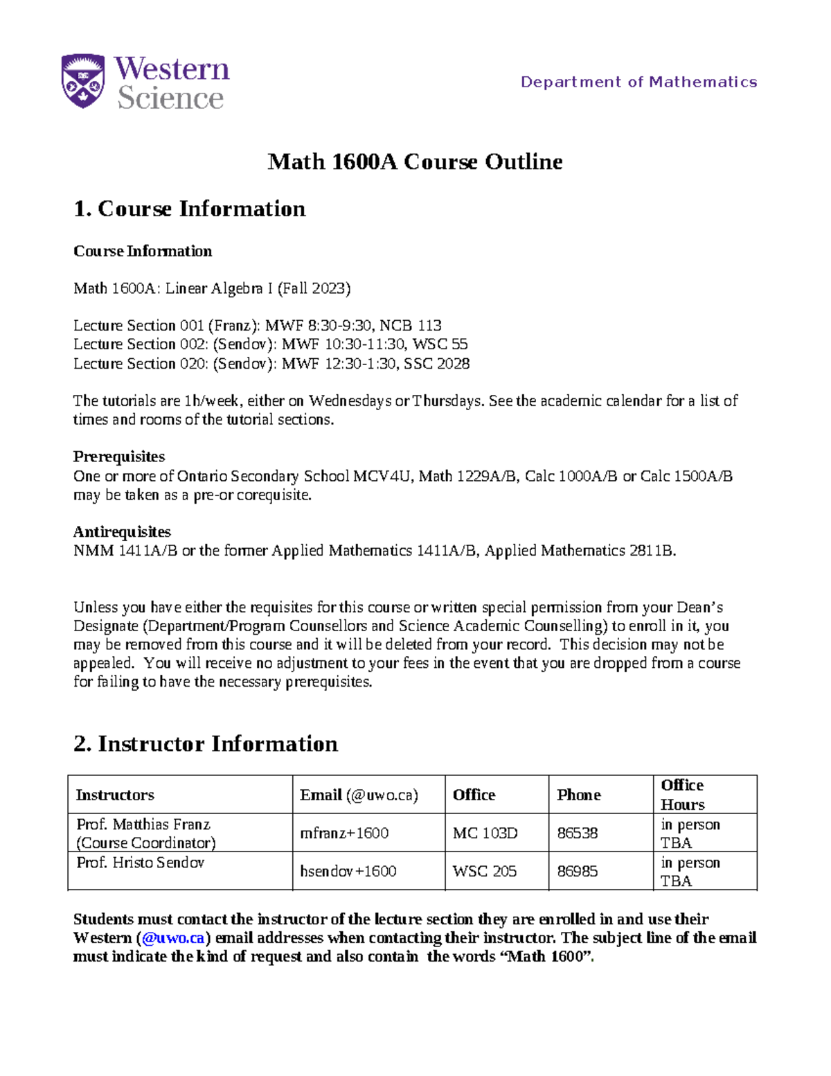 Math 1600A Outline: Linear Algebra I Course Details & Syllabus - Studocu