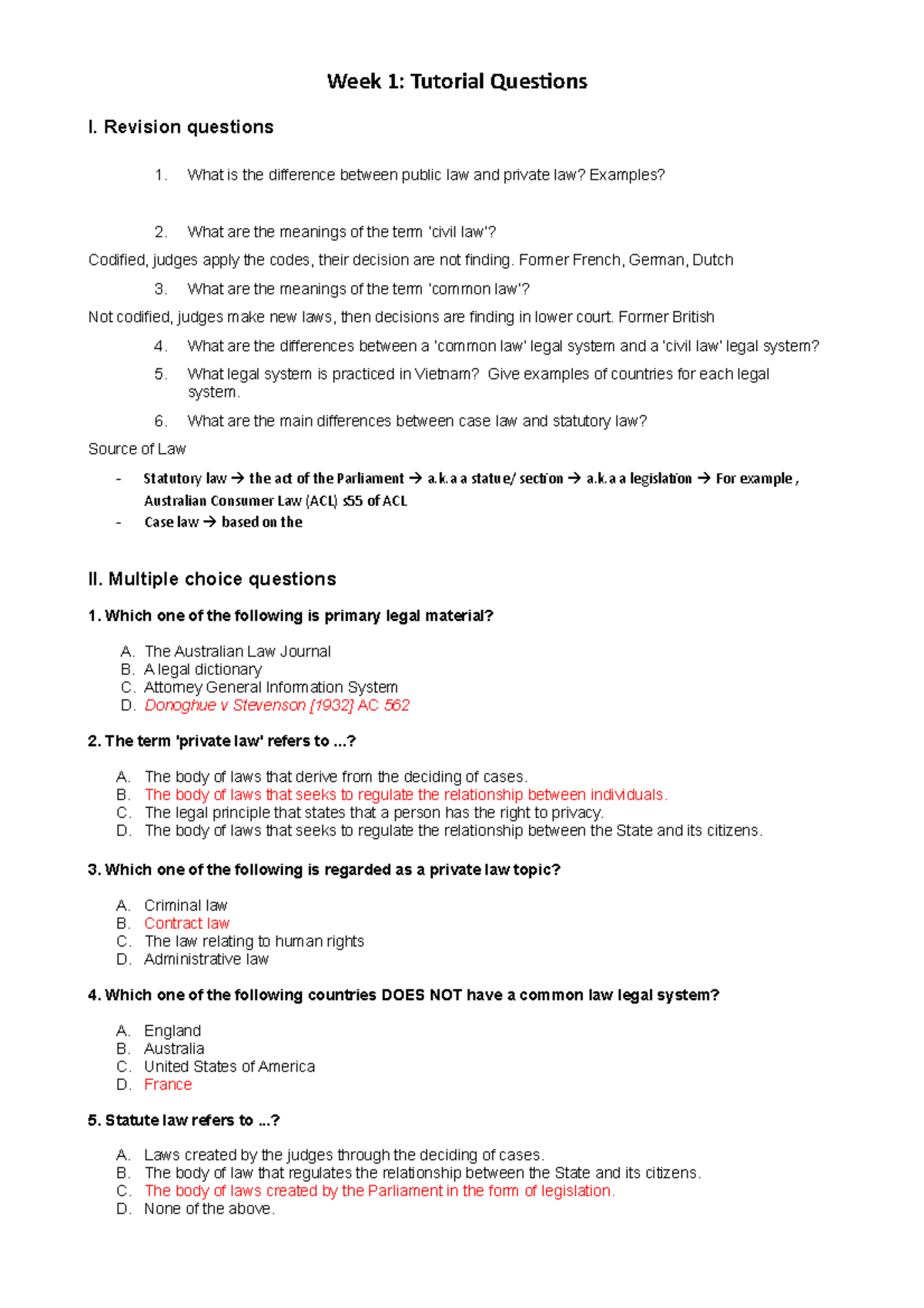 Week 1 Tutorial Questions - Week 1: Tutorial Questions I. Revision ...