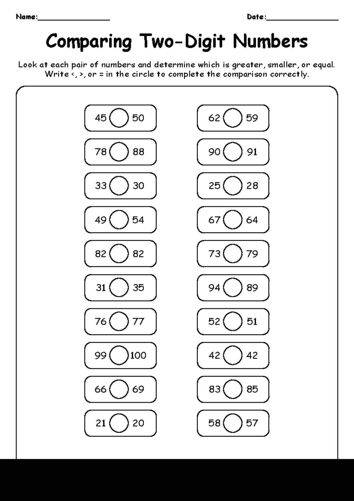 Comparing Two-Digit Numbers - 1st Grade Worksheet - Name: Date ...