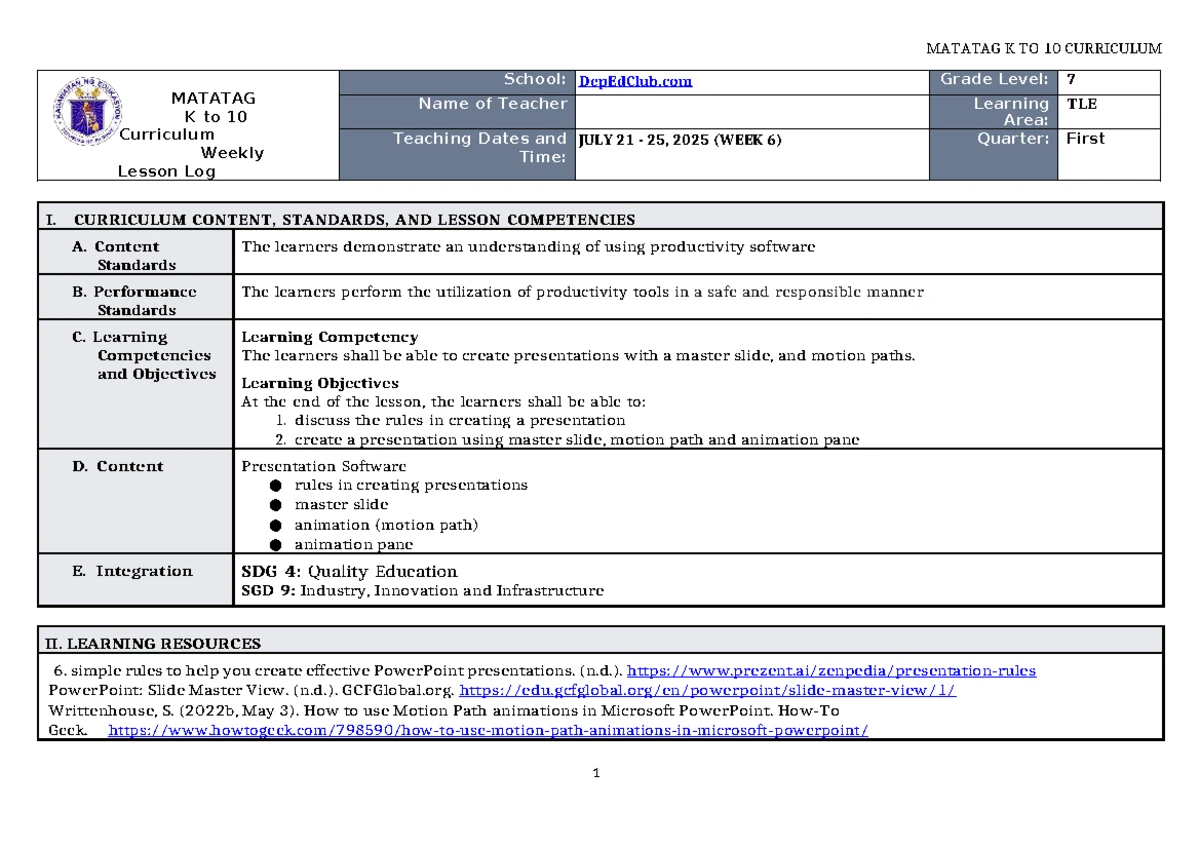 DLL Matatag TLE 7 Q1 Week 5: Mastering Mail Merge & Citations - Studocu