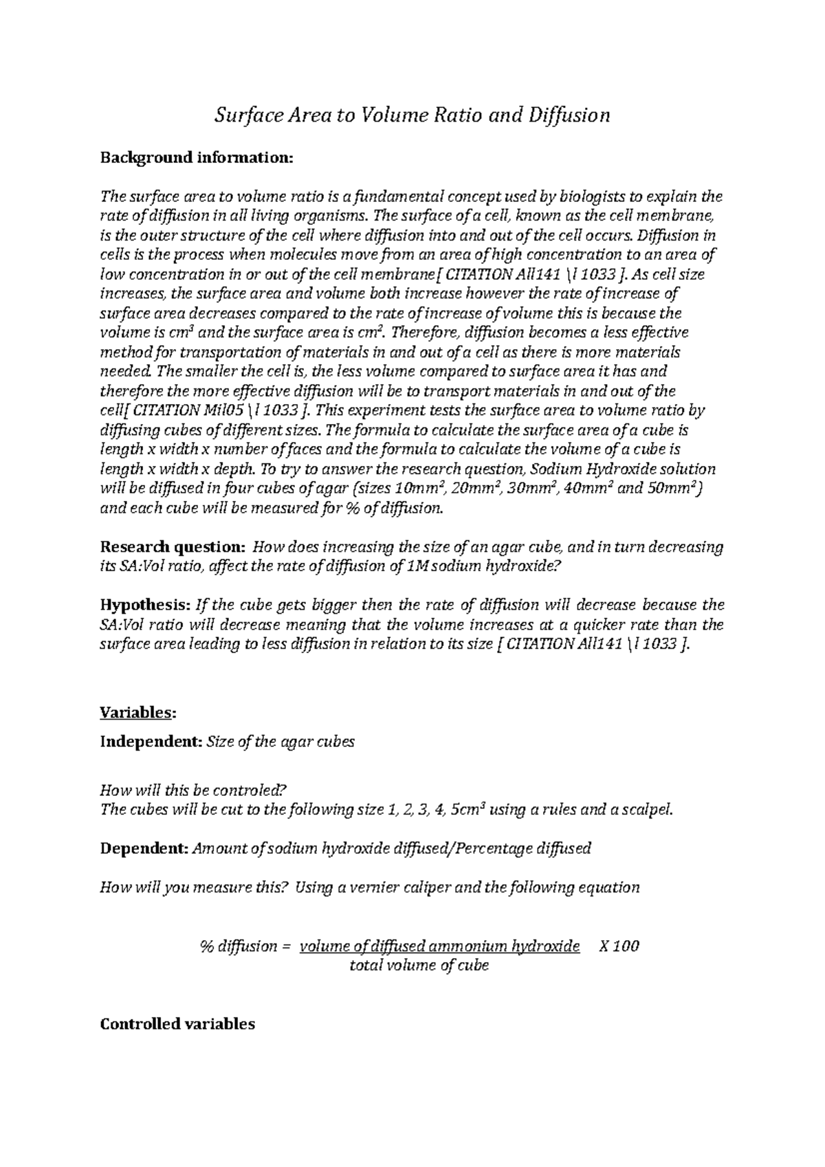 Diffusion lab exemplar top - Surface Area to Volume Ratio and Diffusion ...