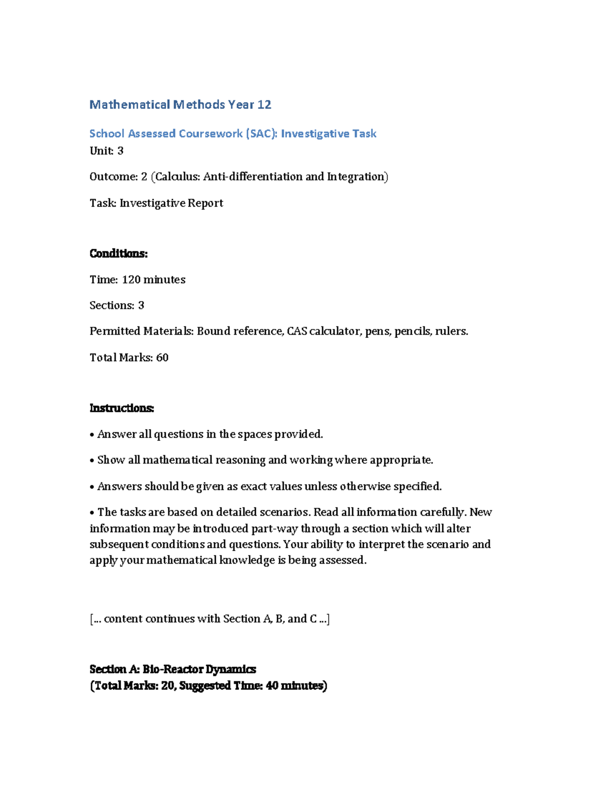 Maths Methods Year 12 Unit 3 SAC: Investigative Task on Calculus and ...