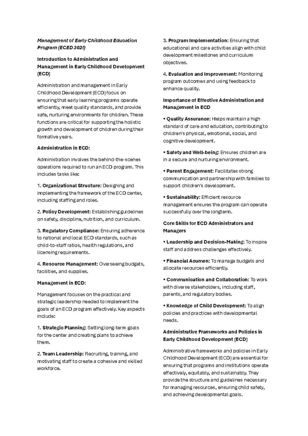 ECED 302f: Administration and Management in ECD - Studocu