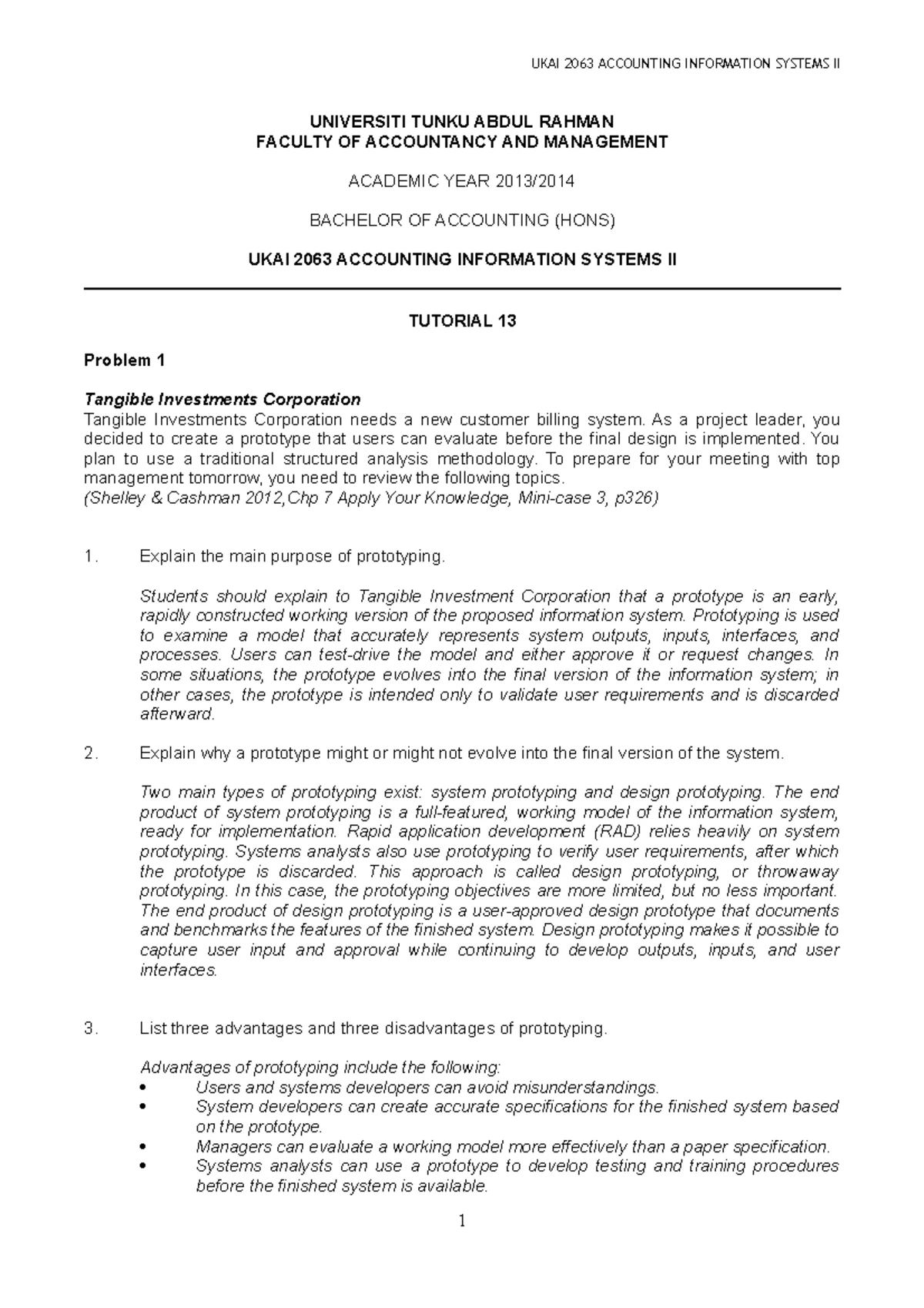 Tutorial 10 answer - UKAI 2063 ACCOUNTING INFORMATION SYSTEMS II ...