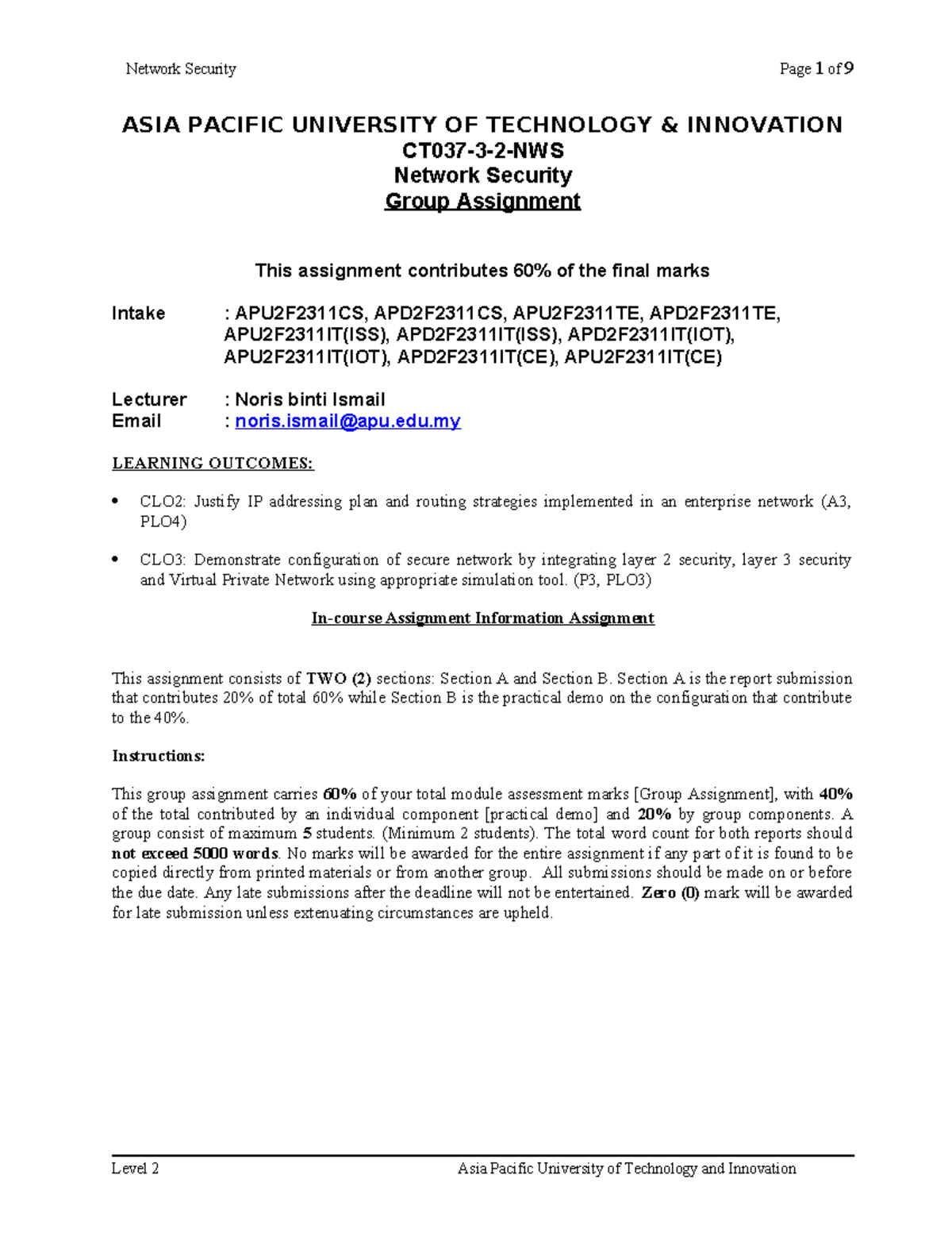 **CT037-3-2-NWS Group Assignment: Network Security Overview and Solutions** - Studocu