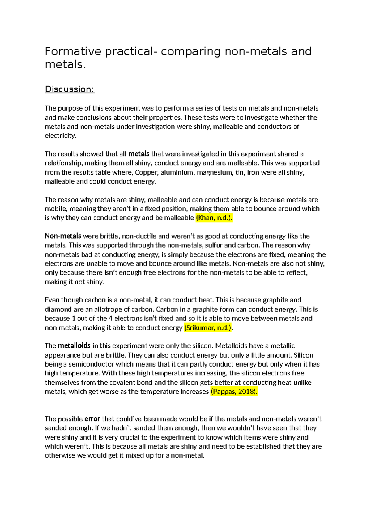 Formative Practical: Comparing Metals and Non-Metals Properties - Studocu