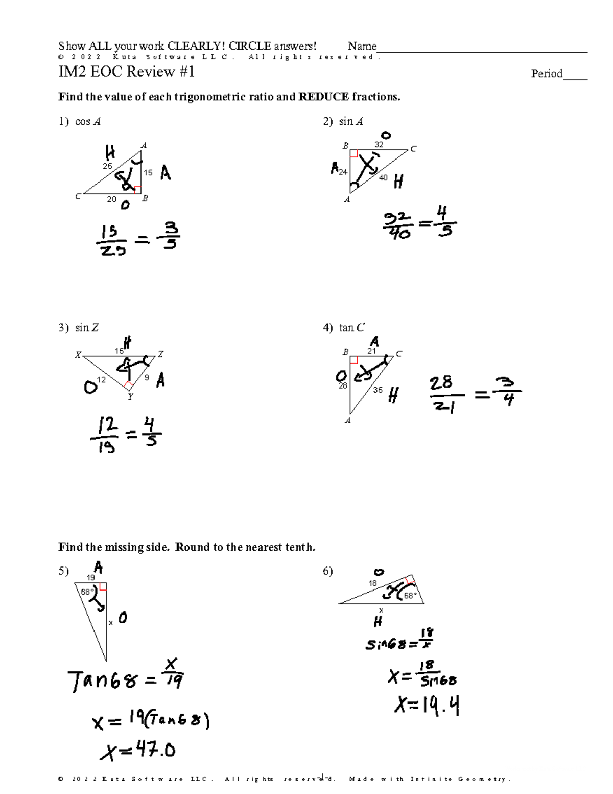 IM2 EOC Review Worksheet: Trigonometric Ratios and Equations - Studocu