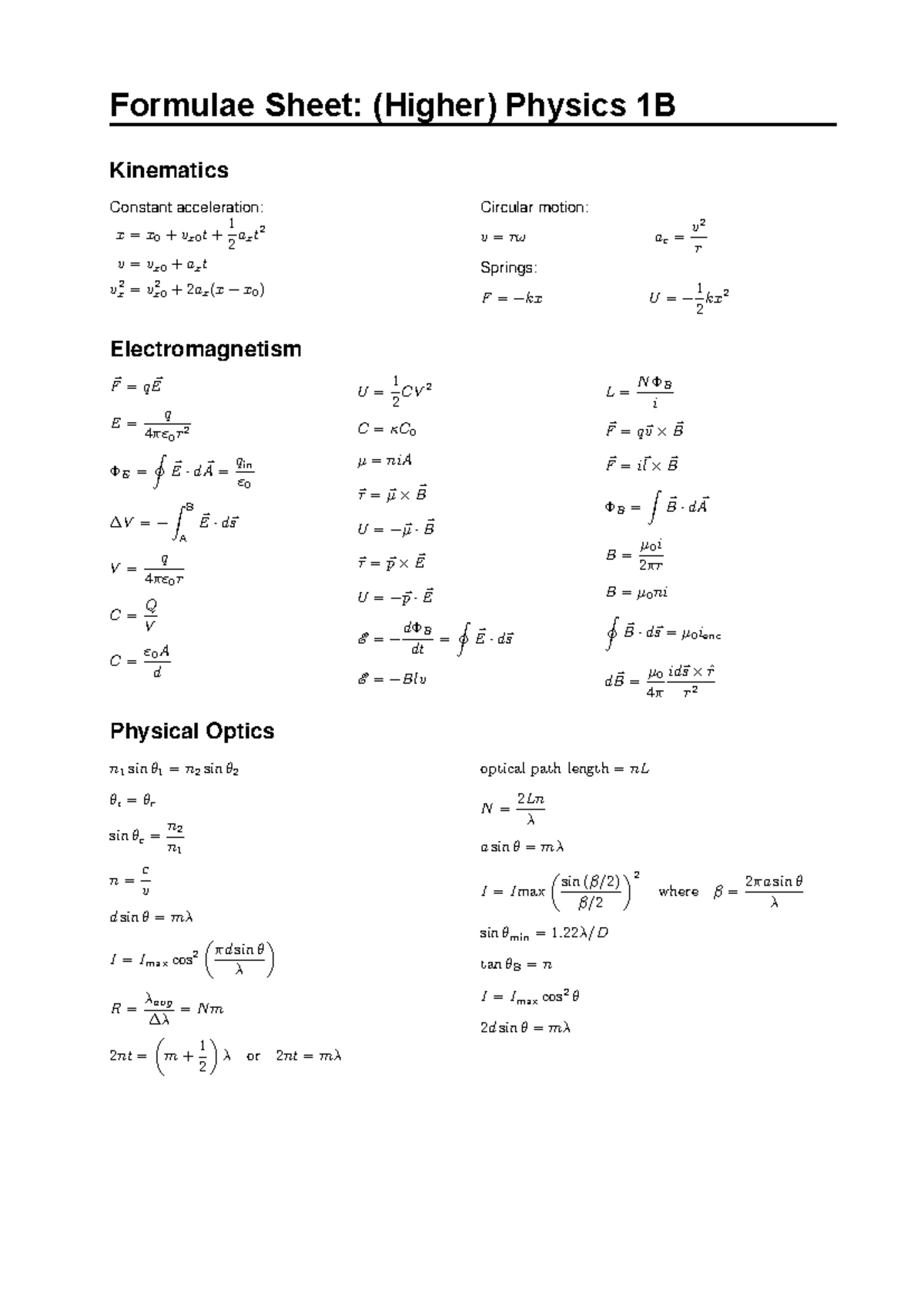 1B Formula Sheet: Kinematics, Electromagnetism & Optics - Studocu