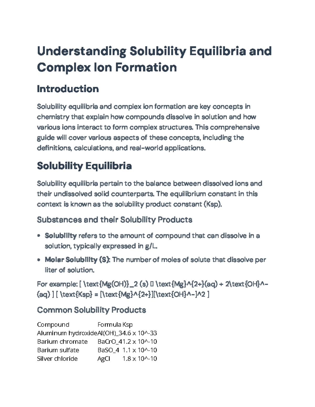 Understanding Solubility Equilibria & Complex Ion Formation Guide - Studocu