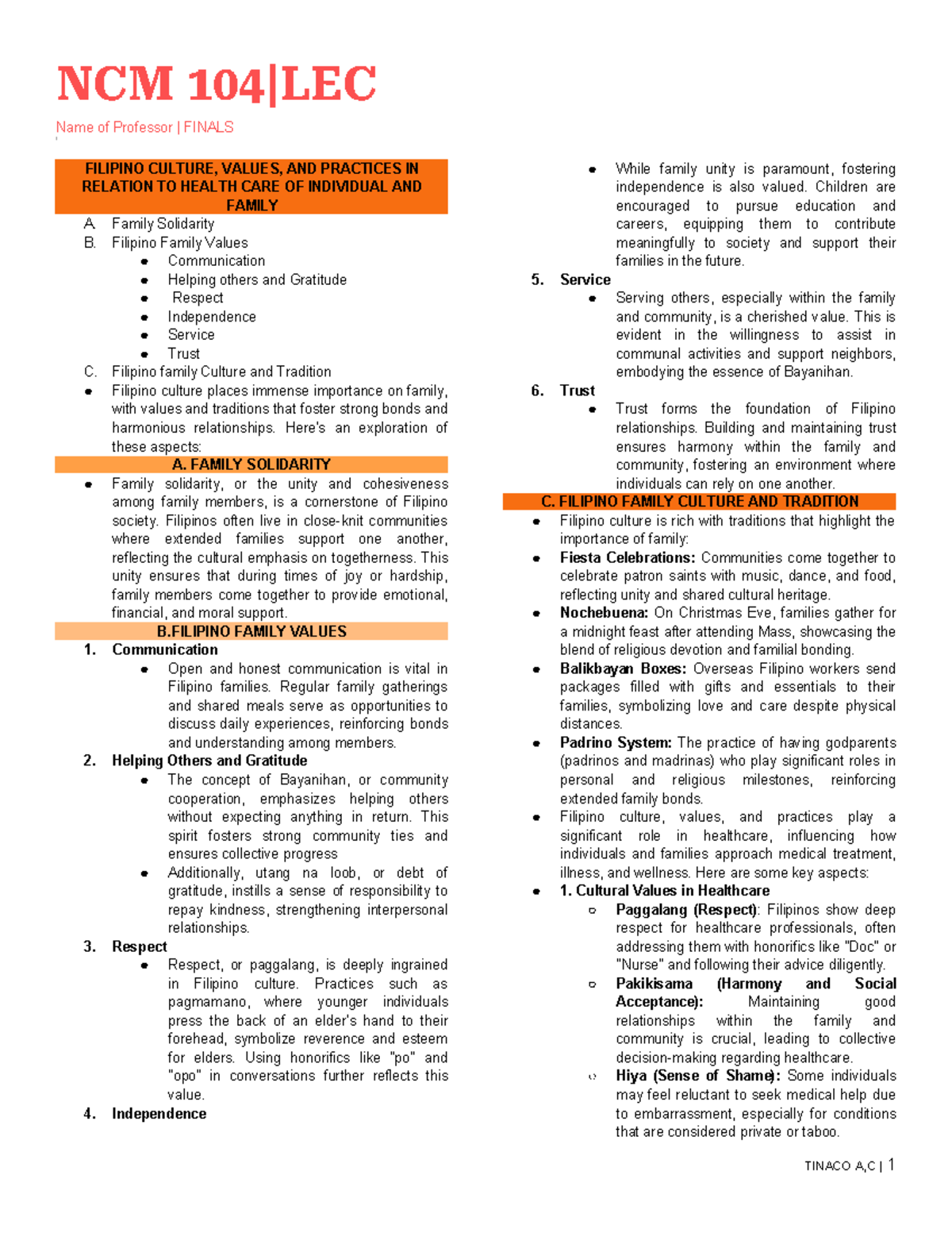 NCM 104LEC Finals - Filipino Culture, Values, and Healthcare Practices ...