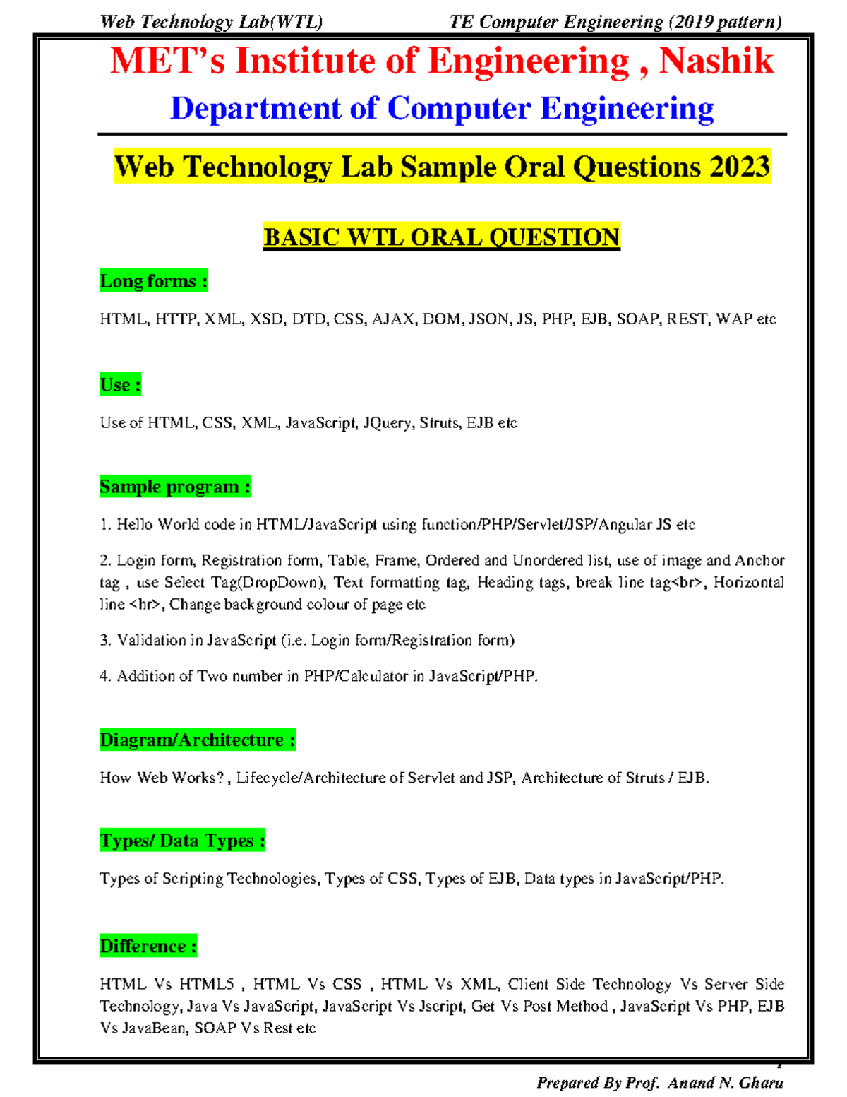Web Technology Lab (WTL) TE Computer Engineering Oral Questions 2023 ...
