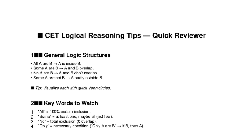 CET Logical Reasoning Tips: Quick Review of Logic Structures - Studocu