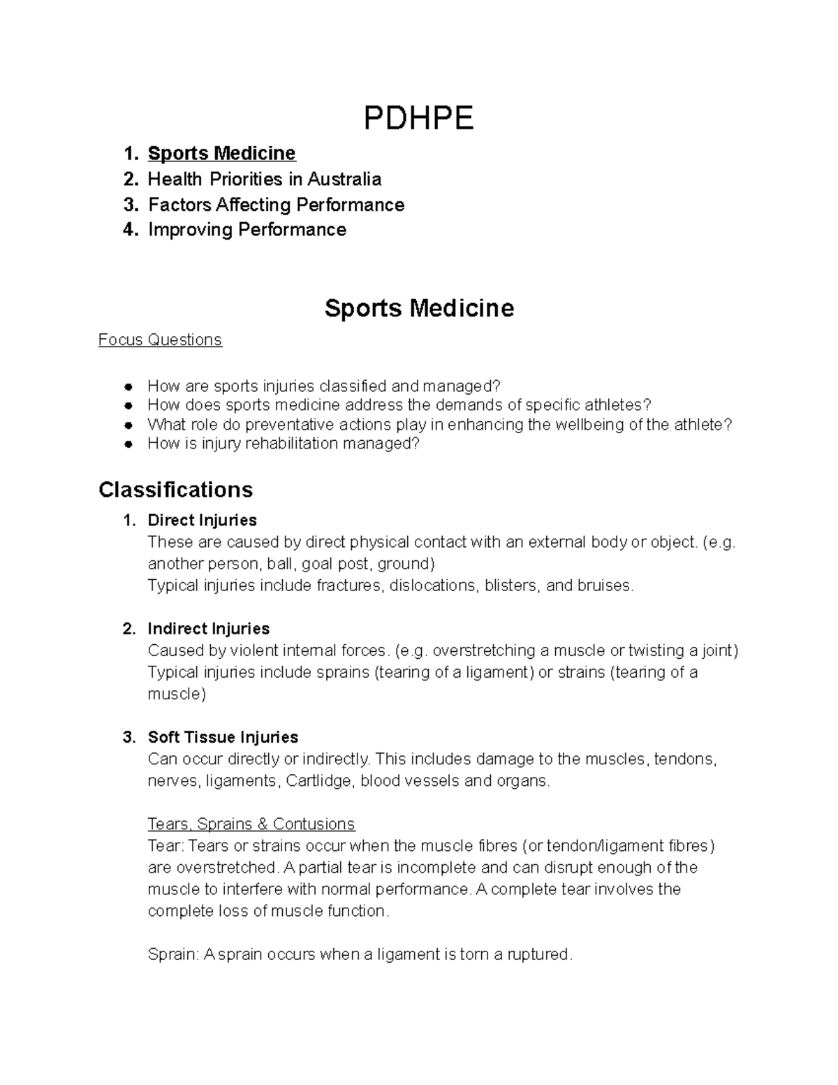 Sports Medicine PDHPE - Comprehensive Lecture Notes Overview - Studocu