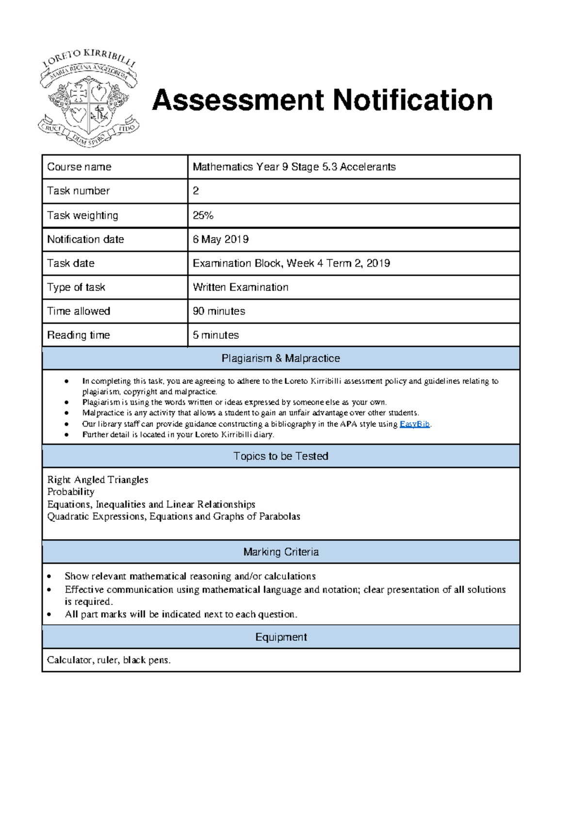 Yr 9 5.3 Math Notification T2 2019 (accelerant class) - Assessment ...