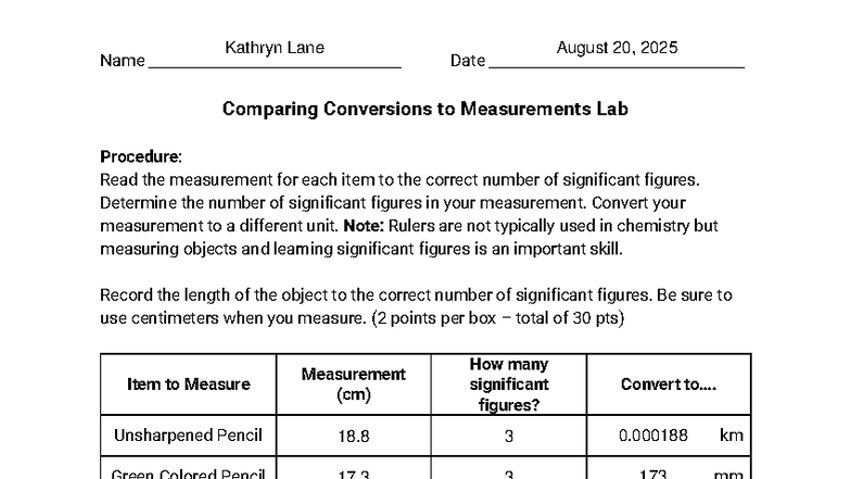 Comparing Conversions to Measurements Lab Procedure (CHEM 101) - Studocu