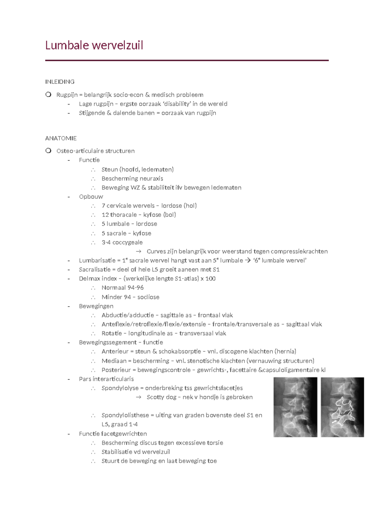 Orthopedie LWZ - Notities tijdens les 1 lumbale wervelzuil - Lumbale ...
