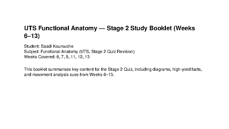 UTS Functional Anatomy Stage 2 Quiz Revision Study Guide - Studocu