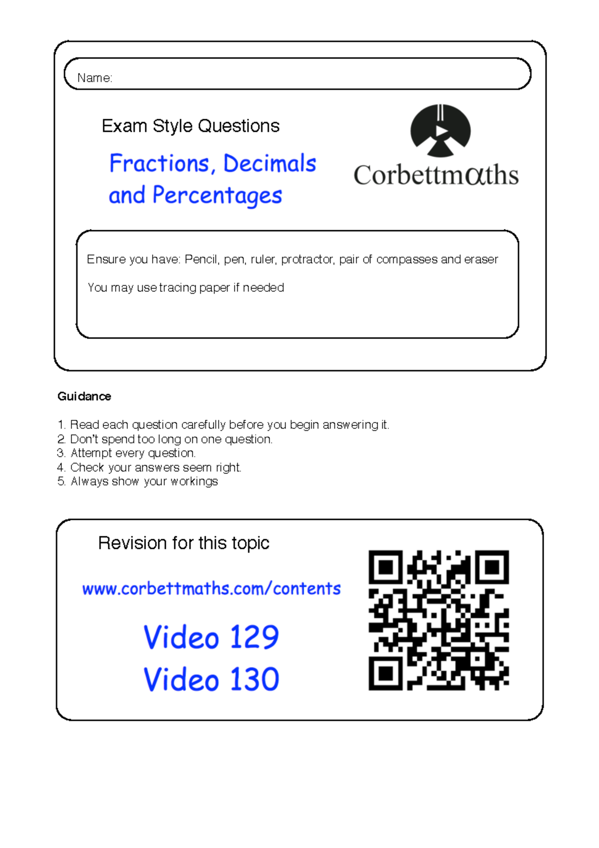 Fractions, Decimals & Percentages Revision Questions PDF - Studocu