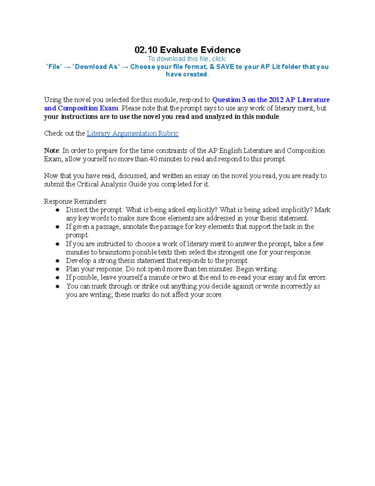 AP Lit 2.10 Practice Essay 3: Evaluating Evidence in Literary Analysis ...