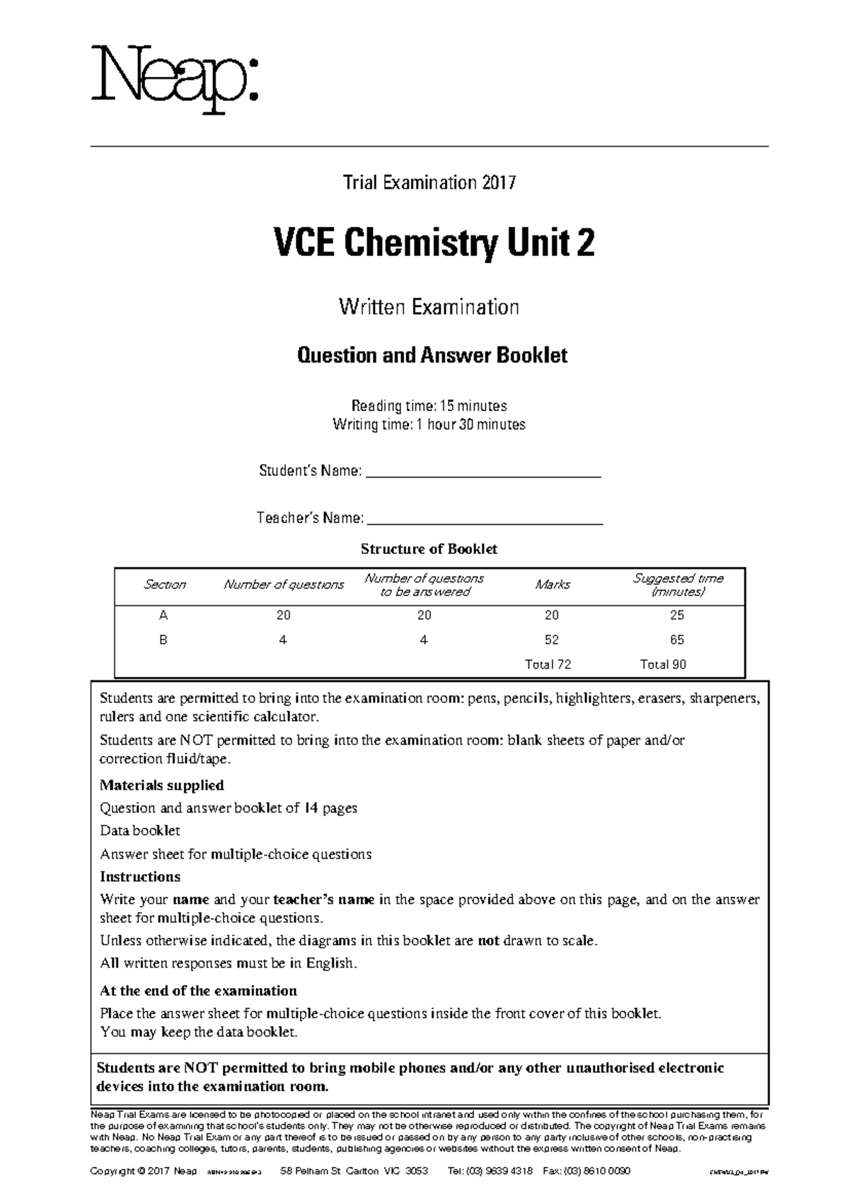 VCE Chemistry Unit 2 Trial Exam 2017: Question & Answer Booklet - Studocu