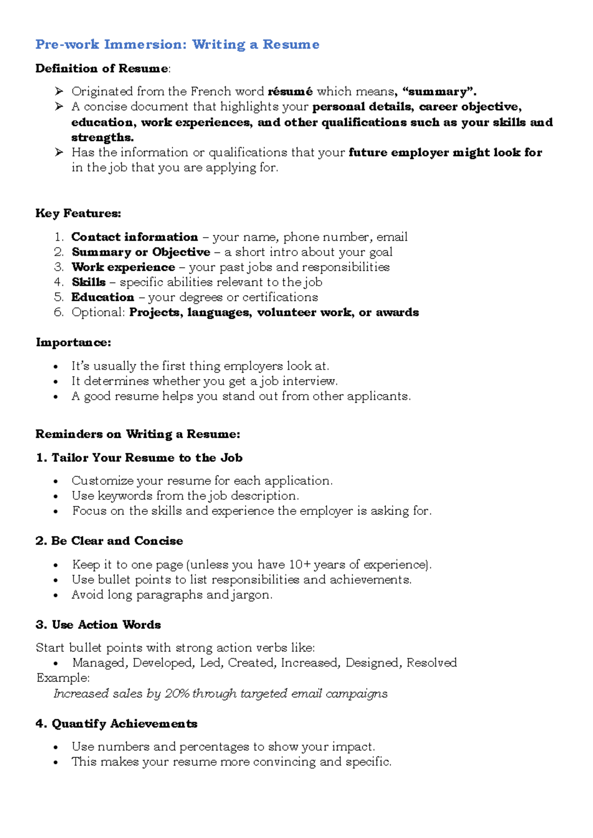 Resume Writing Guide for Pre Work Immersion 2526 - Studocu