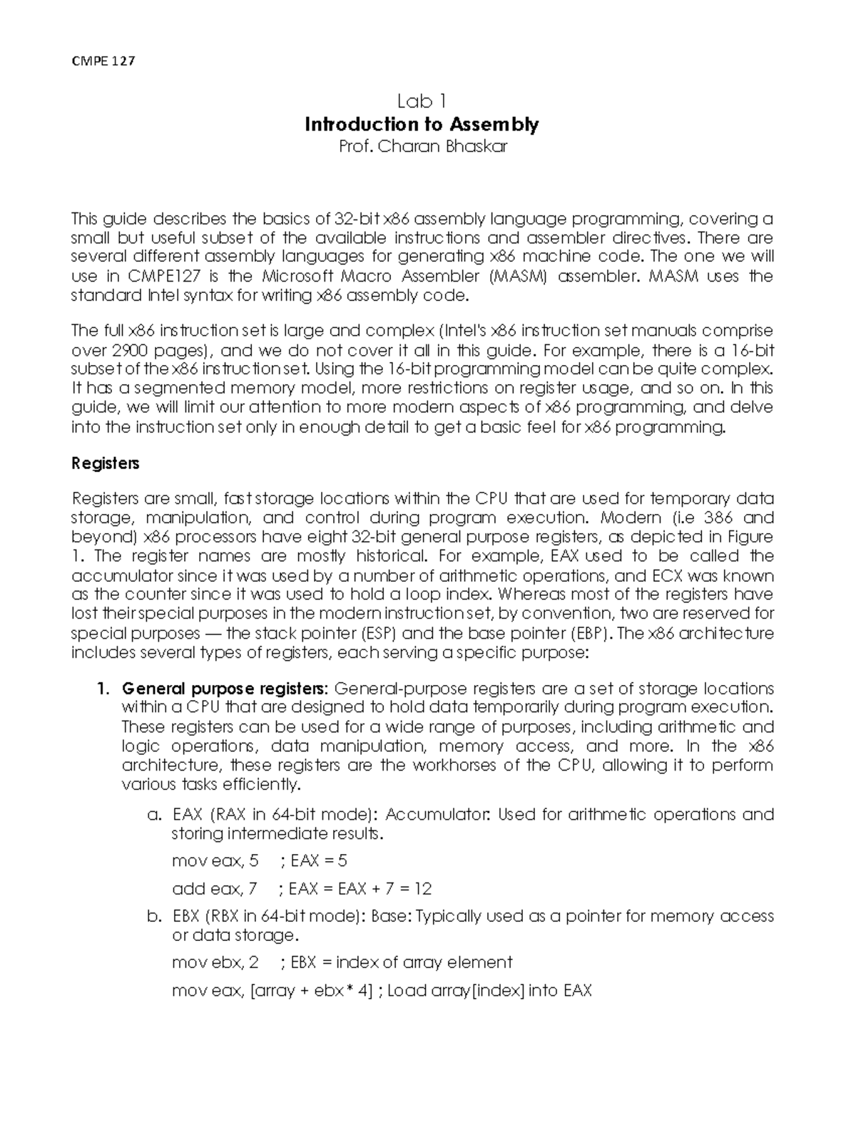 CMPE 127 Lab 1: Introduction to Assembly Language Programming - Lab 1 ...