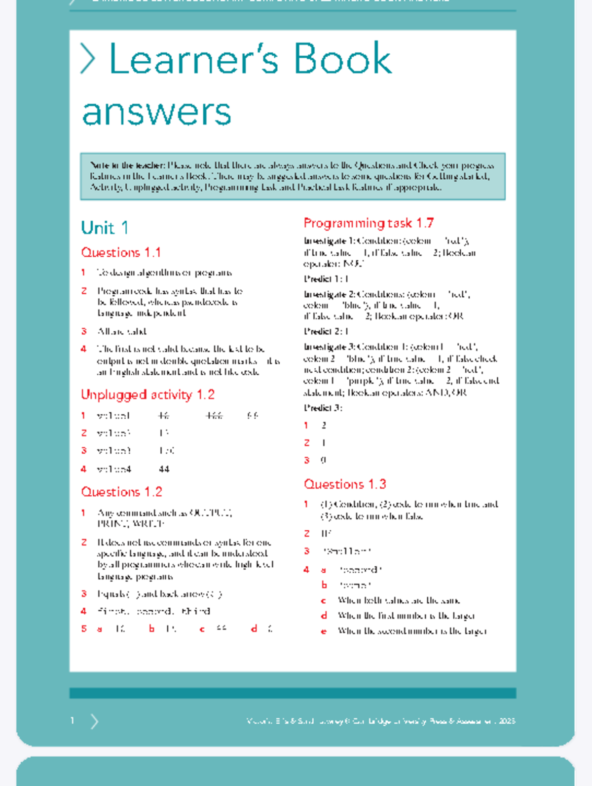 CAMBRIDGE LOWER SECONDARY COMPUTING 8: BOOK ANSWERS - PROGRAMMING & ALGORITHMS - Studocu