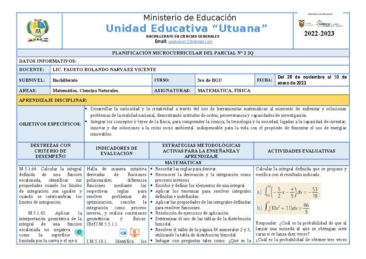 Planificación Microcurricular Parcial N° 2 - 3RO BGU - Studocu