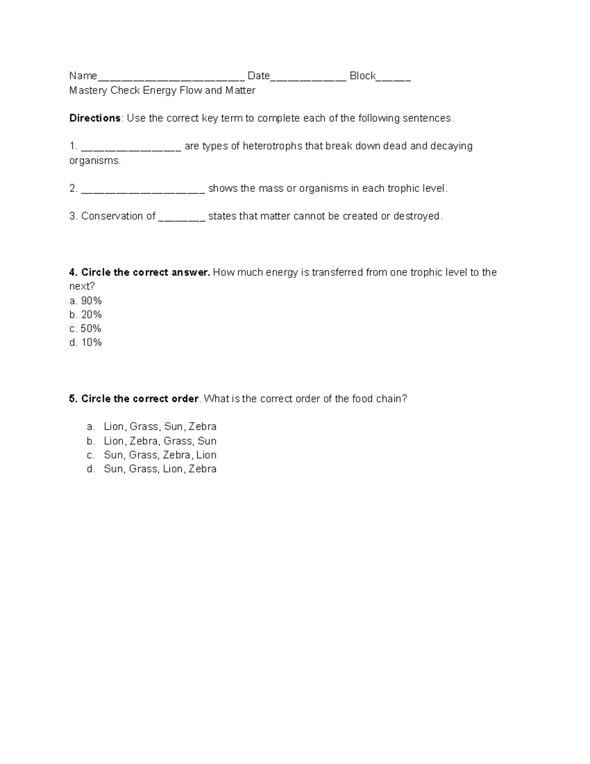 Energy Flow & Matter - Name_________________________ Date ...