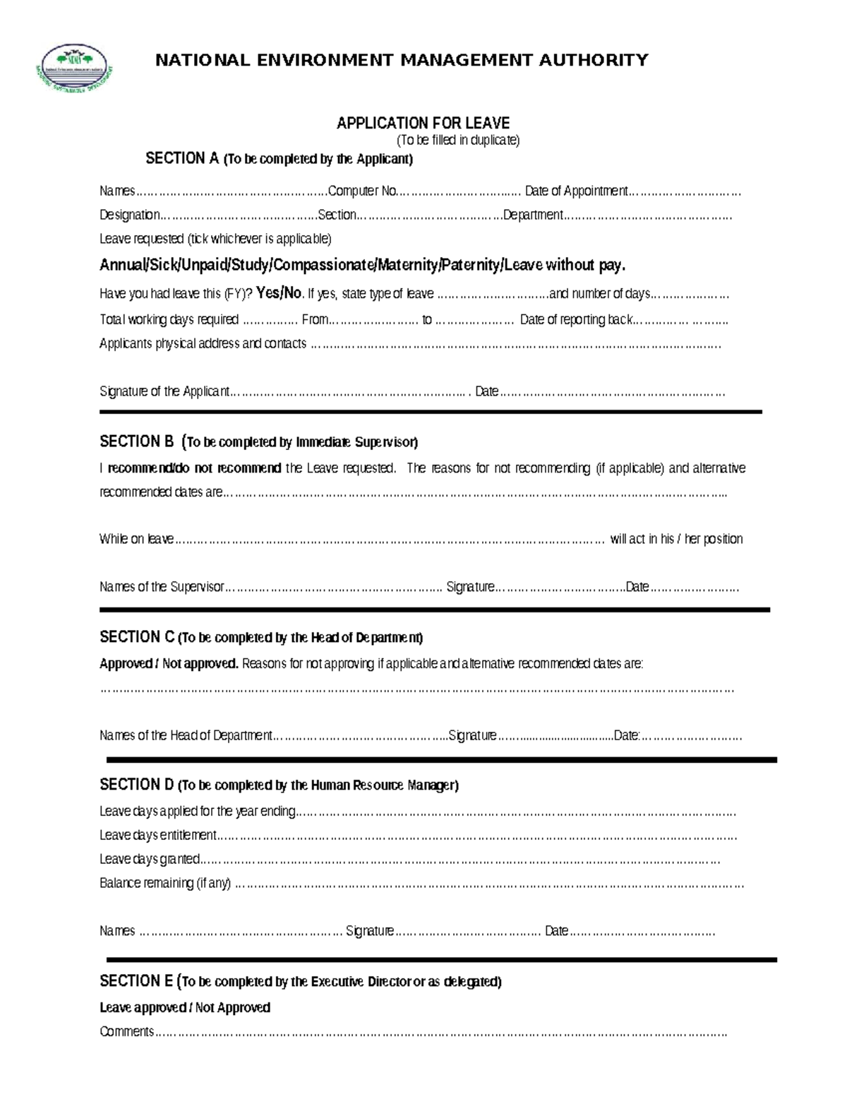 NEMA Leave Application Form (To be Filled in Duplicate) - Studocu