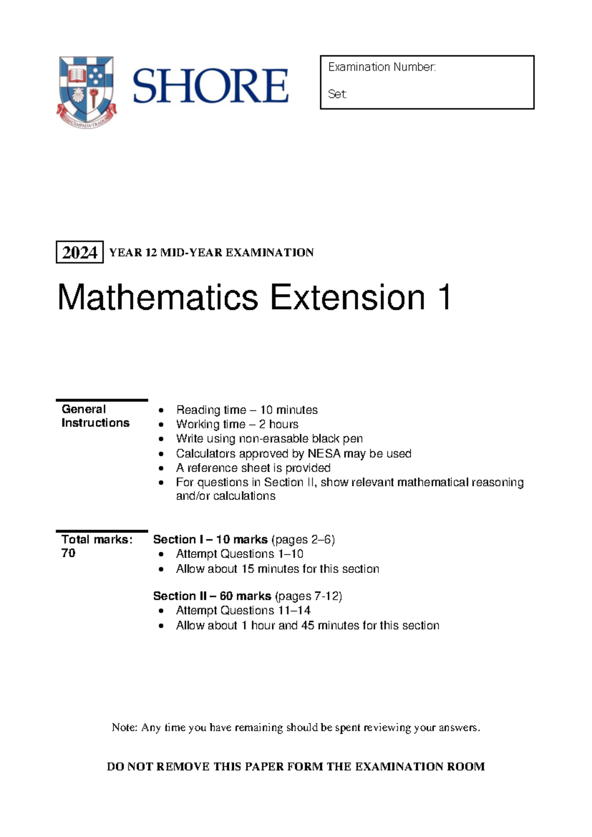 2024 Year 12 Mathematics Extension 1 Exam Solutions (3U) - Studocu