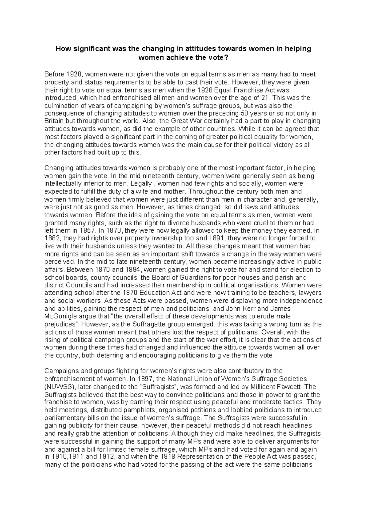 The Role of Changing Attitudes in Women's Suffrage Achievements - Studocu