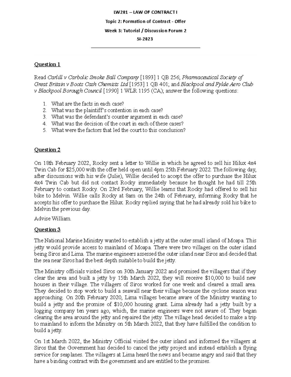 Tutorial 2 - LW201 – LAW OF CONTRACT I Topic 2: Formation of Contract - Offer Week 3: Tutorial ...