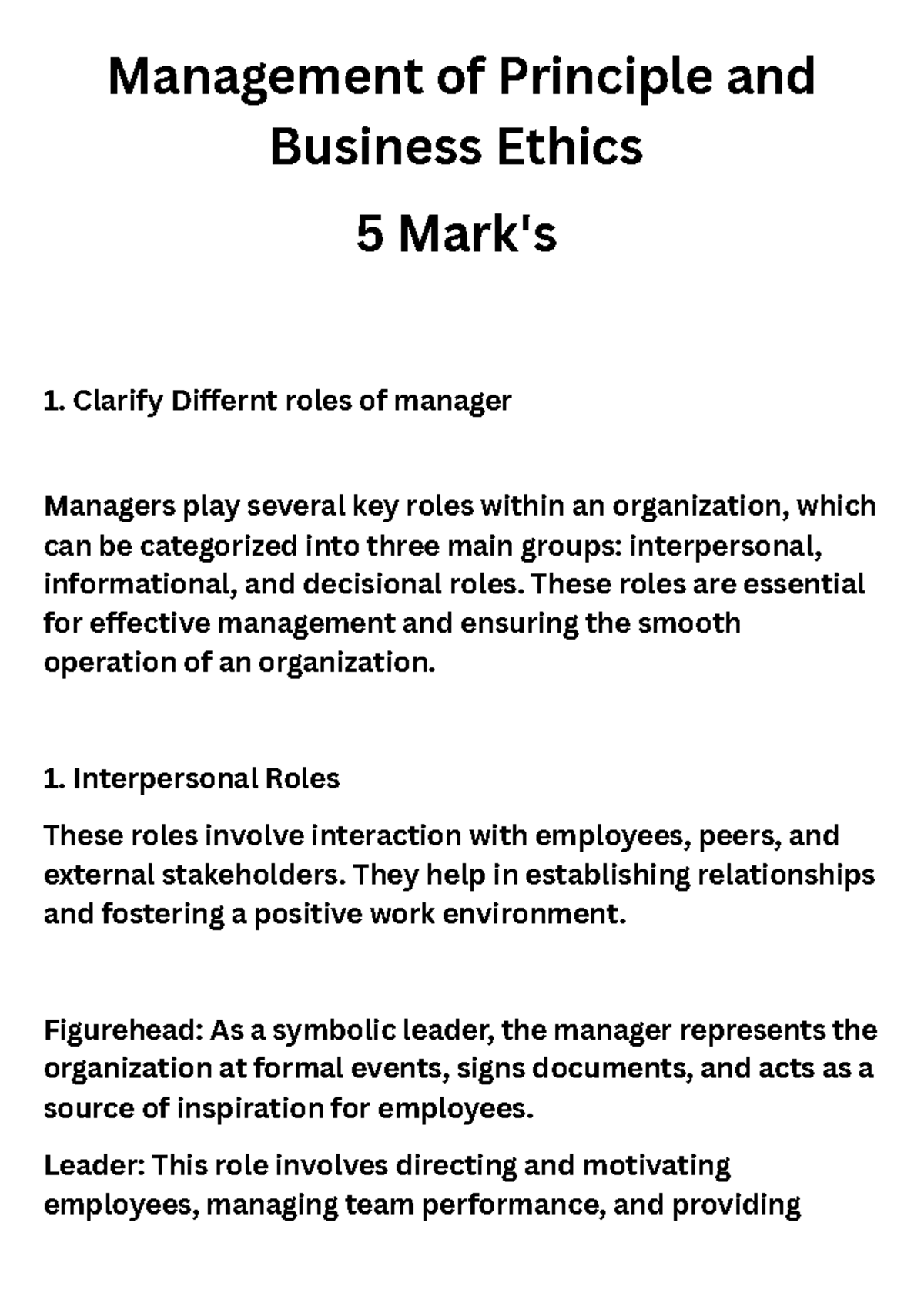 Management Principles and Business Ethics: Key Roles and Trends - Studocu