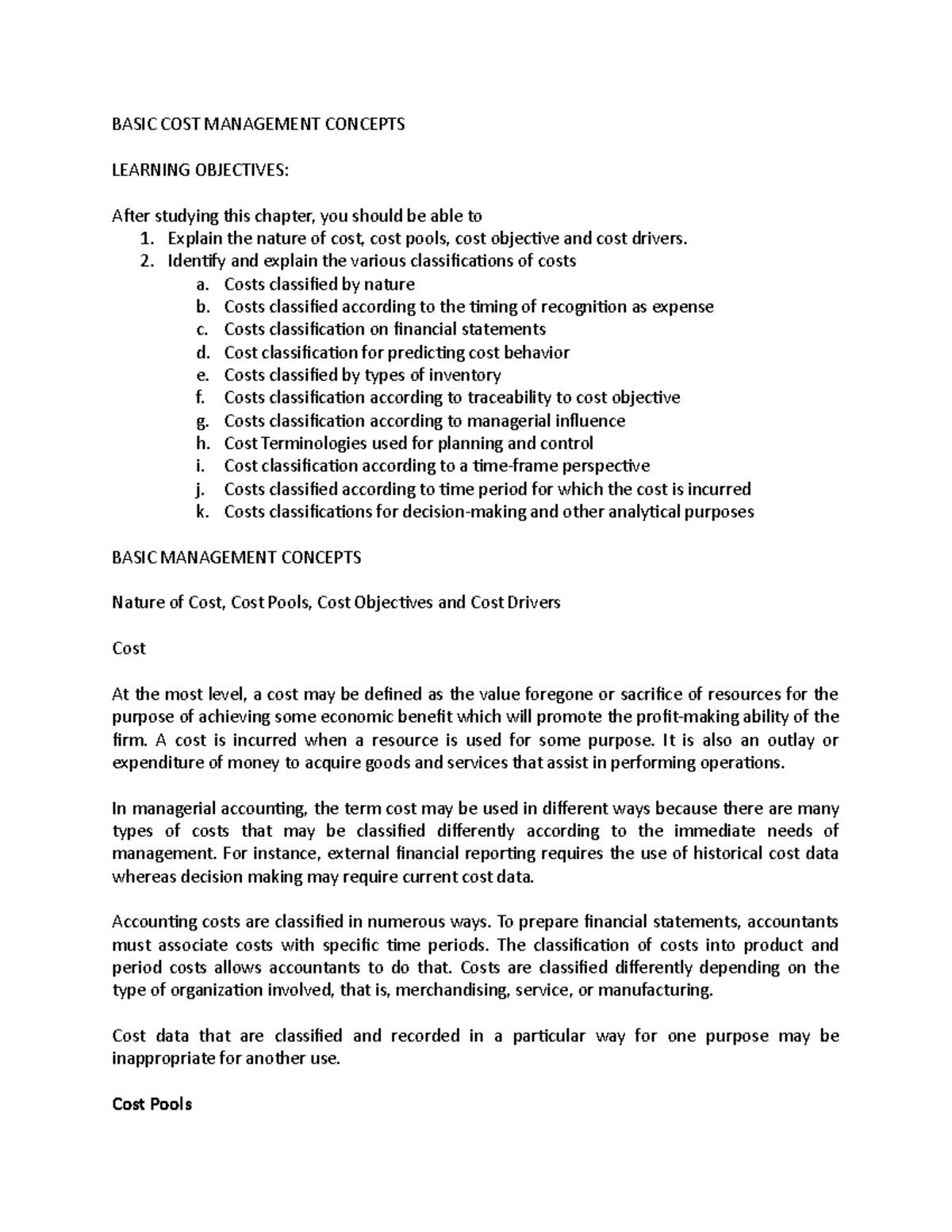 Handout 5: Basic Cost Management Concepts Overview and Classifications ...