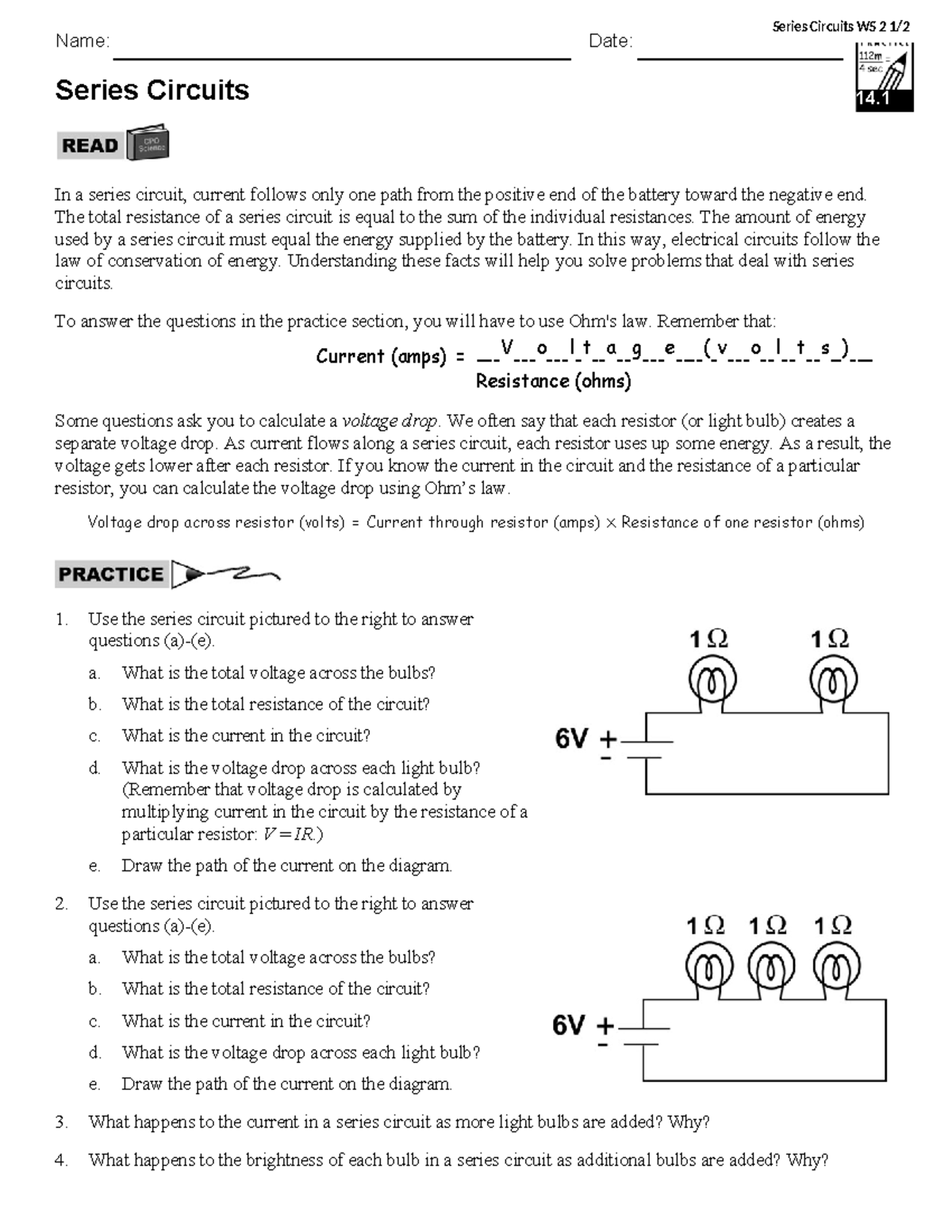 Series circuits worksheet students.to print docx - Name: Date: Series ...