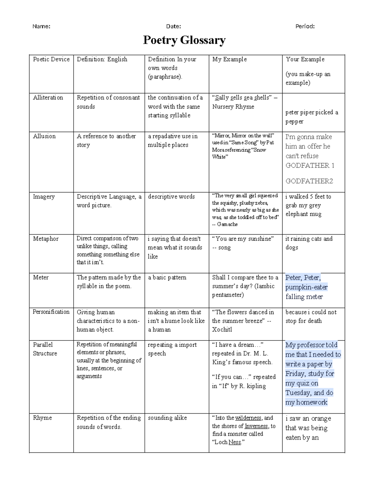 Poetry Glossary - fghfgh - Name: Date: Period: Poetry Glossary Poetic ...