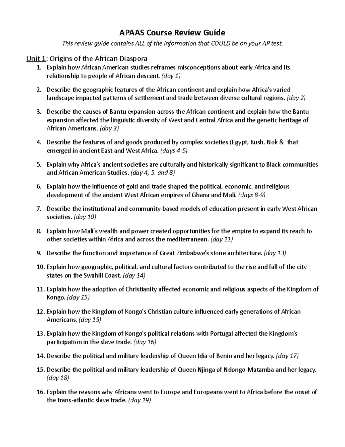 APAAS Course Review Guide: Key Topics on African Diaspora and Freedom ...