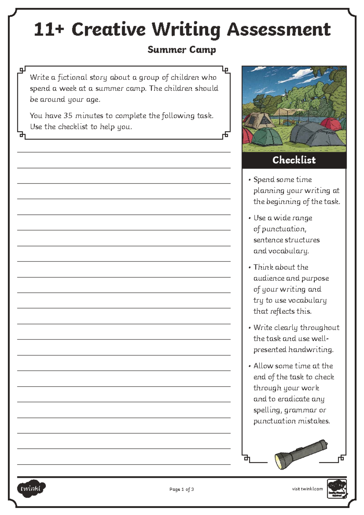 11+ Creative Writing Assessment: Summer Camp Story Task - Studocu