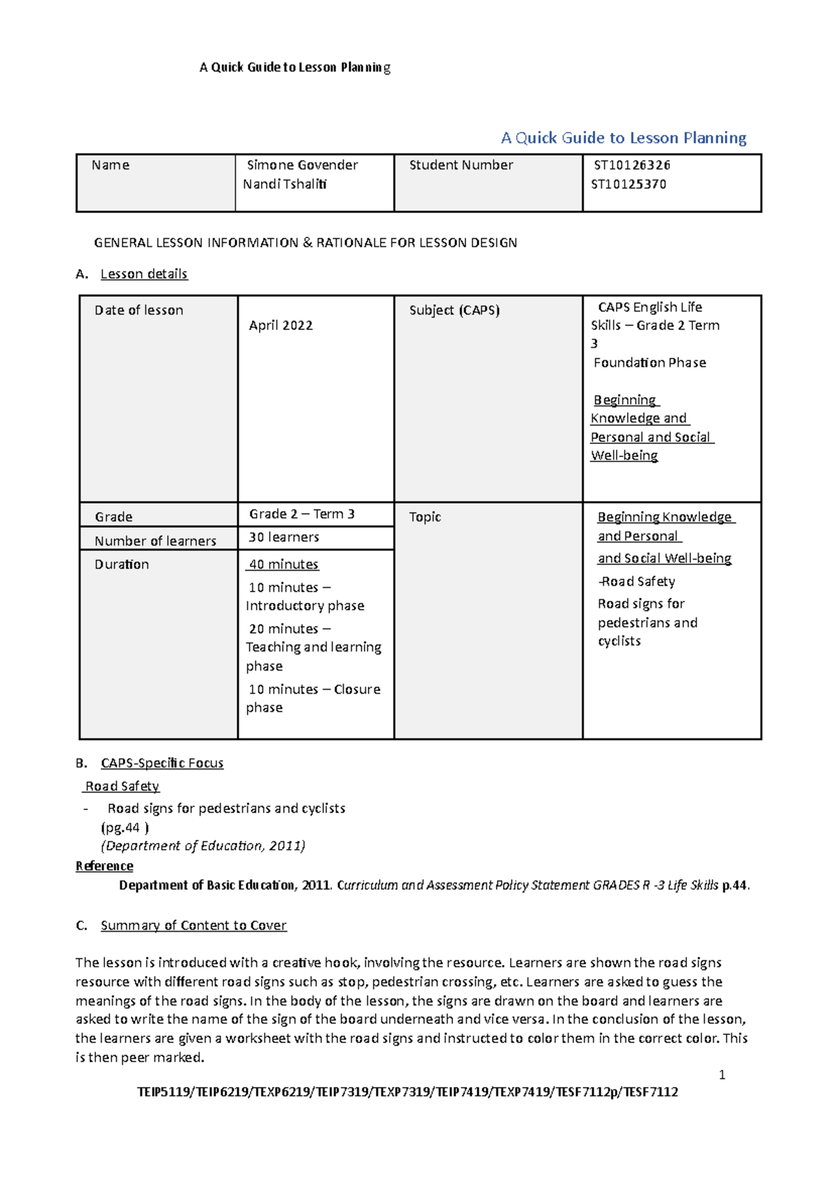 FOED Lesson Plan: Life Skills - Road Safety for Grade 2 - Studocu