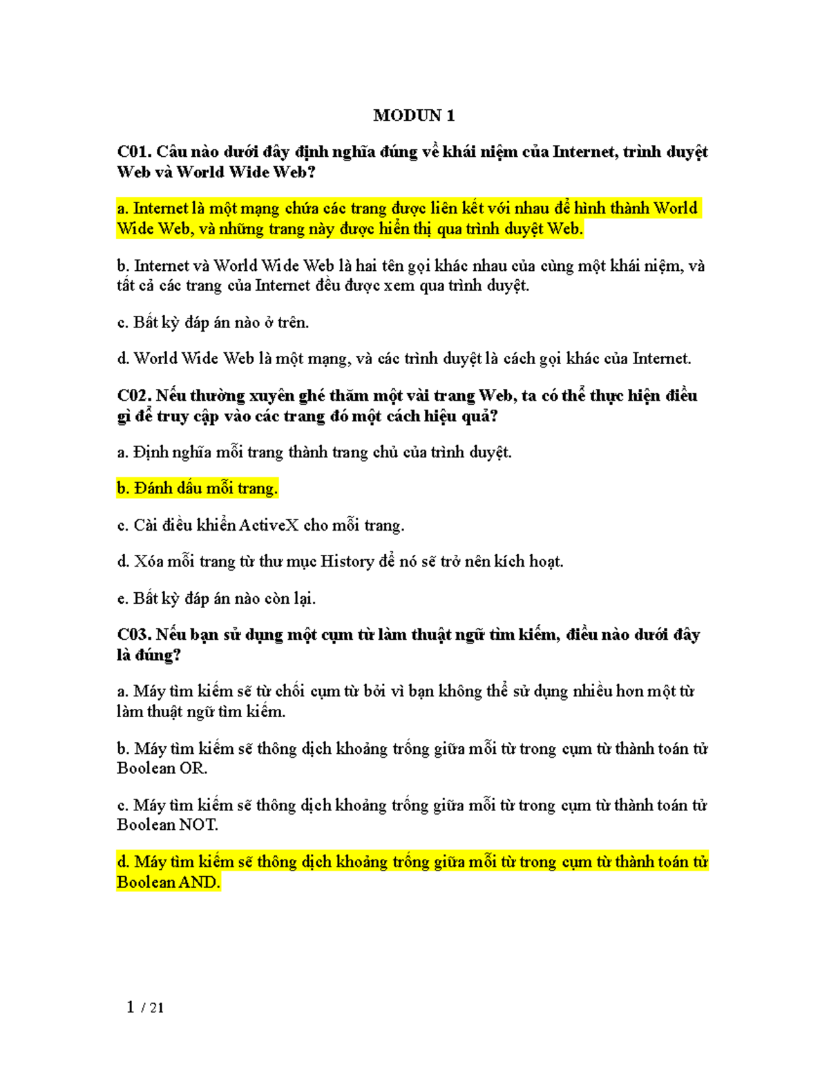 TIN - Học Internet & Ứng dụng Web: Modun 1 & Modun 2 - Studocu
