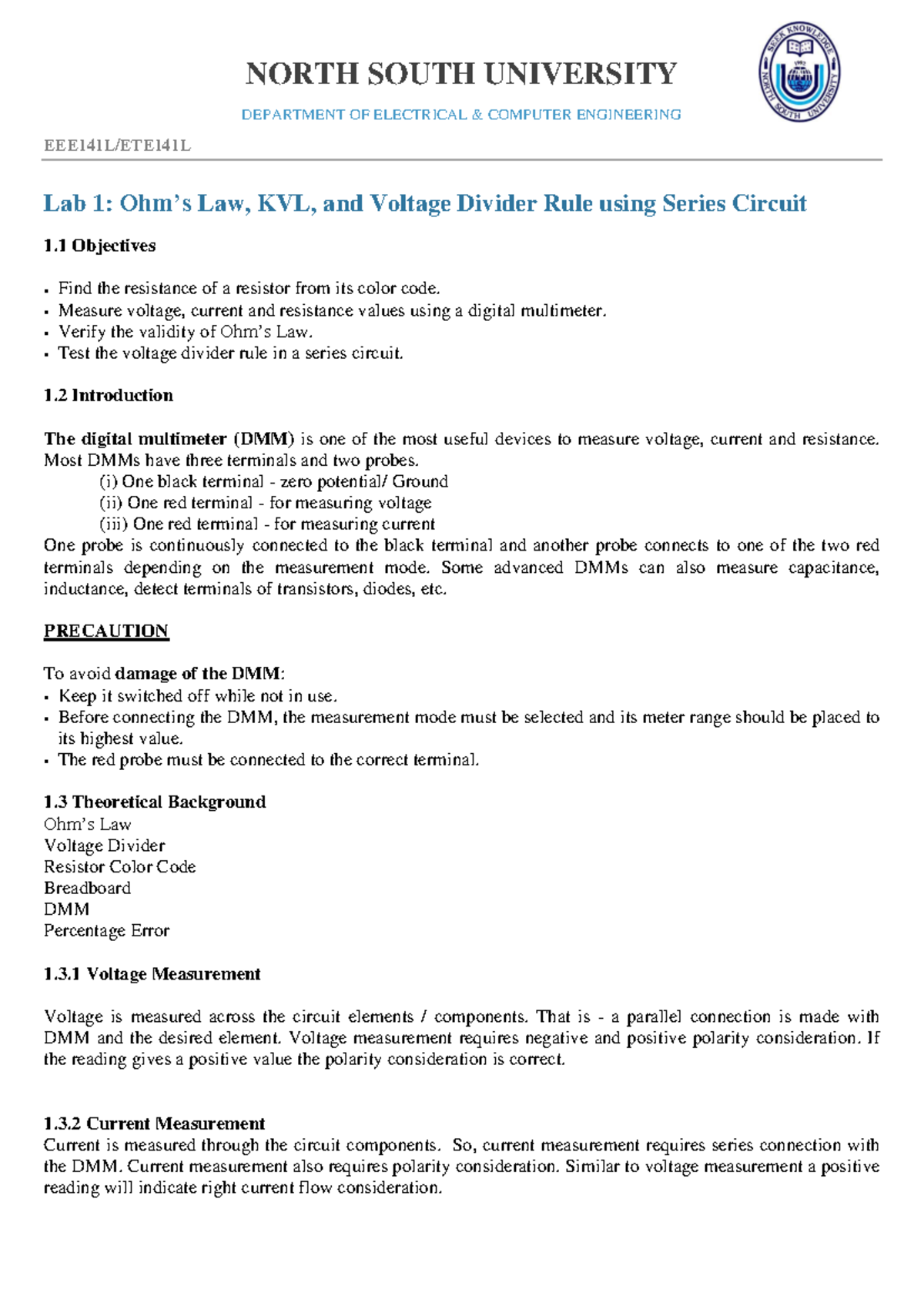 EEE 141 Lab Manual-1(Ohm’s Law, KVL and Voltage Divider Rule using Series Circuit.) - DEPARTMENT ...