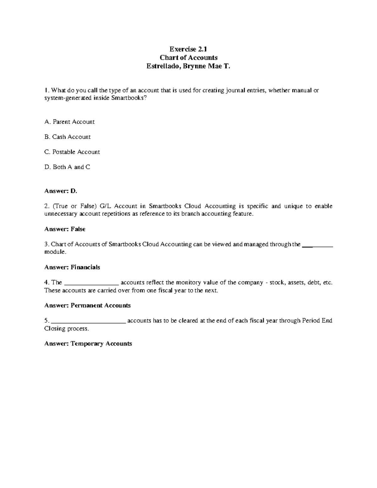 Exercise 2.1 Chart of Accounts: Key Concepts & Answers - Studocu