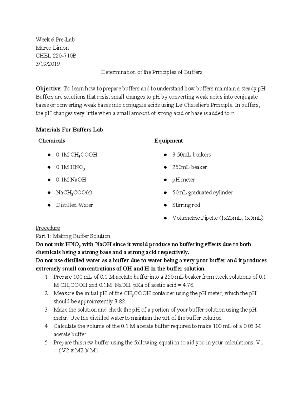 CHEL Week 6 Final Exam: Buffer Pre-Lab Procedures Guide - Studocu