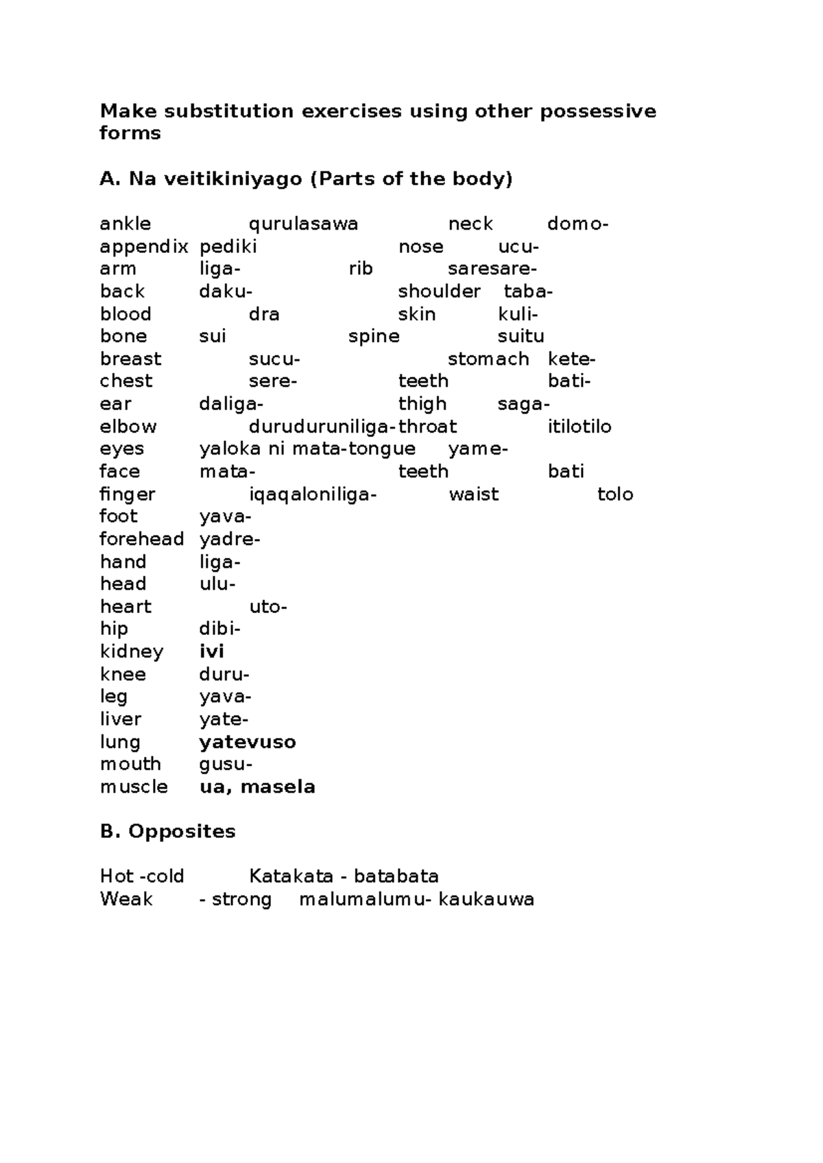 Lesson 4E Parts of the body - Make substitution exercises using other ...